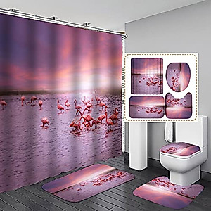 StarBlue-HGS Beach Sunset Flamingo Waterproof Shower Curtain Set Seaside Sea Sandy Beach Butterfly Bathroom Bathtub Mat Toilet Cover Mat Set