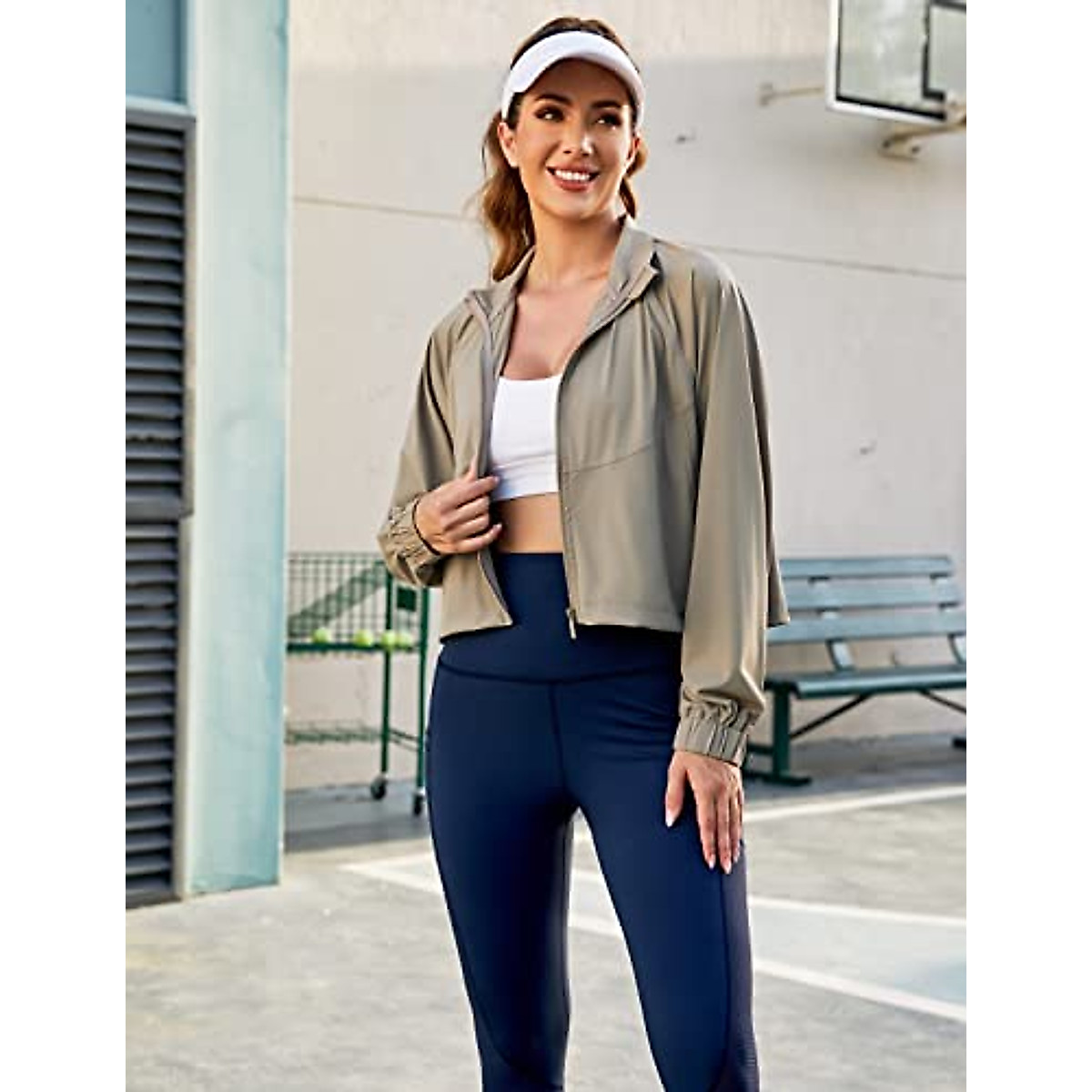 UANEO Womens Athletic Cropped Jacket Sun Protection Zip Up Long Sleeve Workout Tops Gym Sports Jackets (Tan-M)