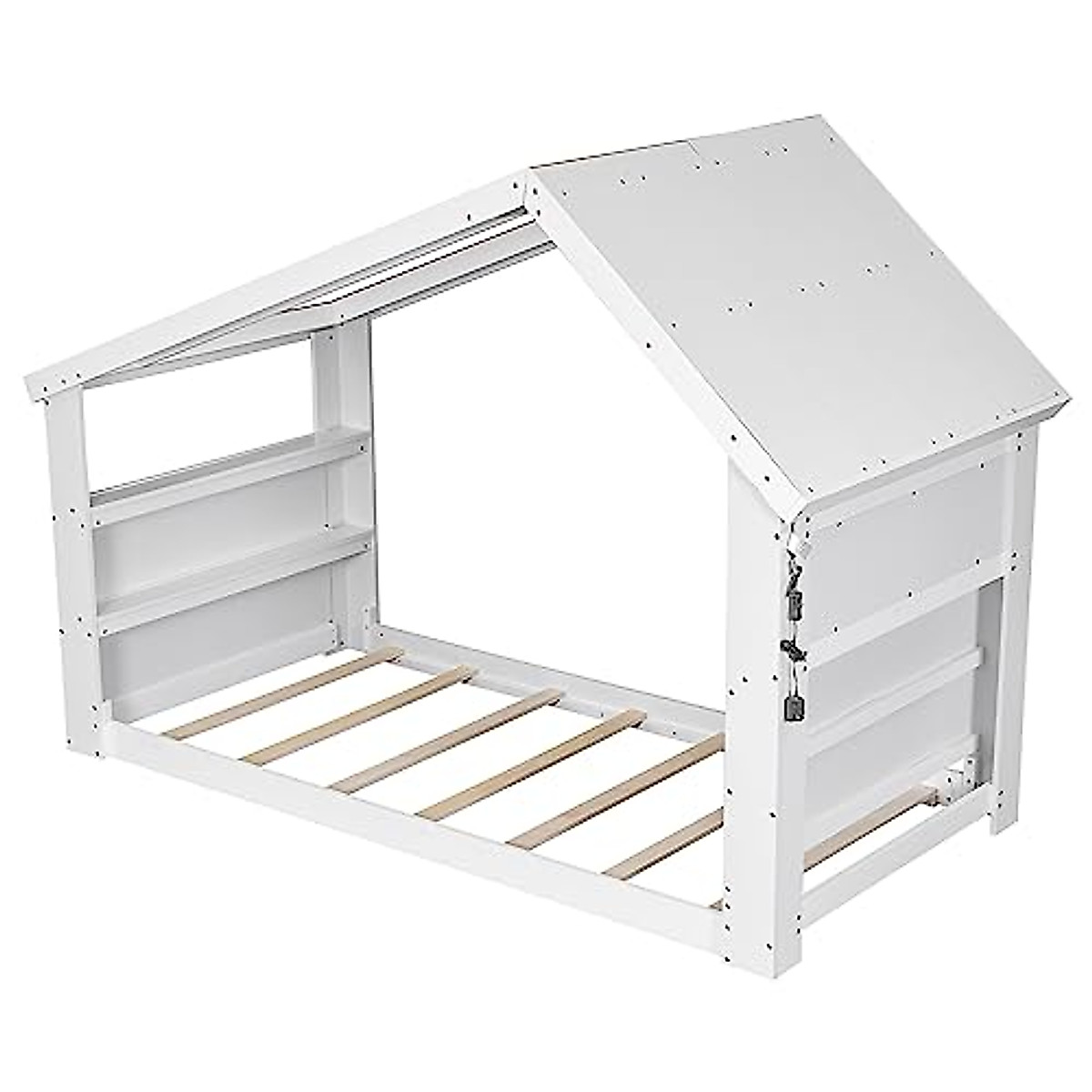 Twin House Bed Kids Floor Bed with Roof and Window, Solid Wood Montessori Bed with LED Light, Low Floor Twin Bed Frame for Kids Girls Boys, No Box Spring Needed (White)