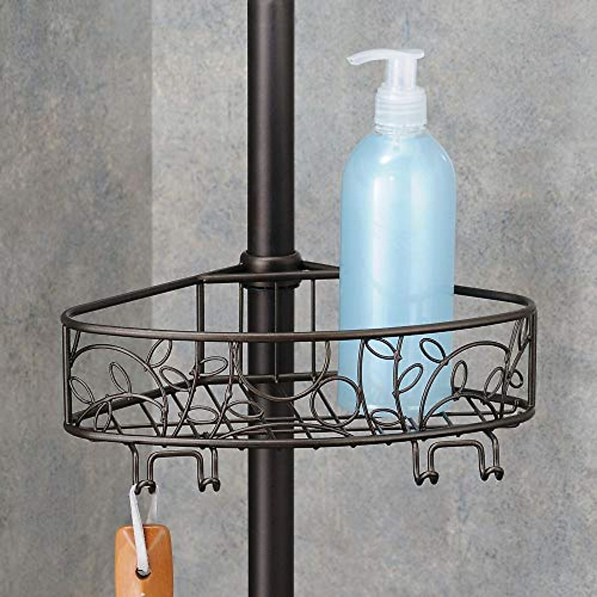 iDesign Twigz Metal Wire Rod Corner Shower, Adjustable 5'-9' Pole and Baskets for Shampoo, Conditioner, Soap with Hooks for Razors, Towels, Tension Caddy