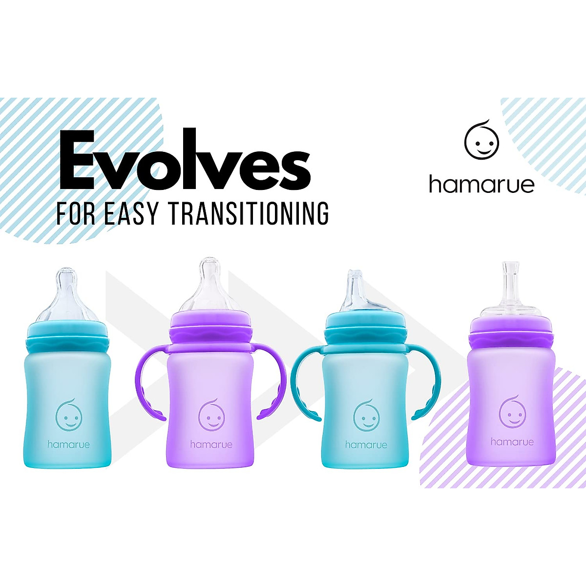 Hamarue 3-in-1 Glass Sippy Cups for Toddlers | Silicone Coated Glass Baby Bottles | Non-Toxic Transition Cup for Baby with Removeable Handles | Baby Straw Cup NB+,3M,6M,12M (Purple, 5 oz)