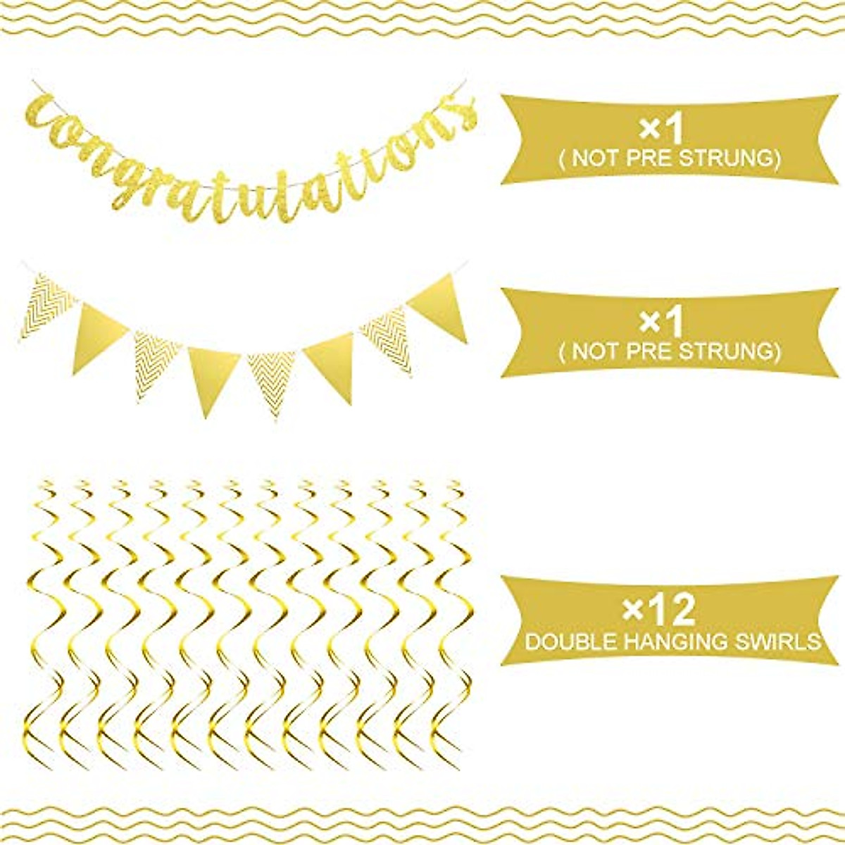 Gold Glitter Congratulations Banner Triangle Flag Banner with 12 Pieces Gold Hanging Swirls for Wedding Retirement Graduation Anniversary Party Decorations
