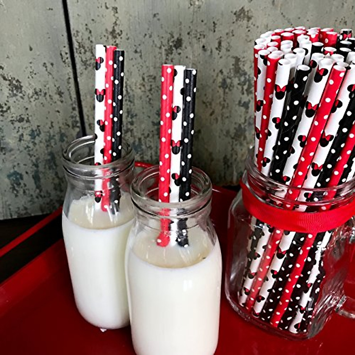 Minnie Mouse Inspired Mouse Ears and Polka Dot Paper Straws - Red White Black - 7.75 Inches - 100 Pack - Outside the Box Papers Brand