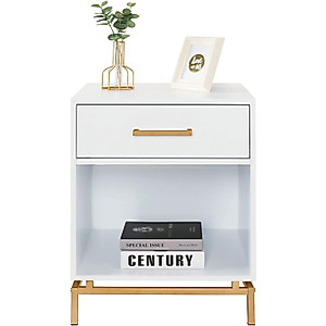 Anmytek White Nightstand, Modern Night Stand with Drawer and Shelf, Wood Bedside Table with Metal Legs, End Side Table for Bedroom, Dorm, Small Spaces, 25" Tall
