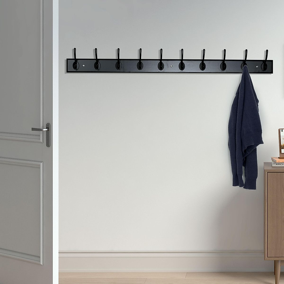 WEBI Coat Rack Wall Mount,38 1/4" Long Coat Hooks Wall Mounted,Bamboo Coat Hanger Wall Hook Rack,Jacket Hanger,10 Hooks for Hanging Coats,Clothes,Hats,Black
