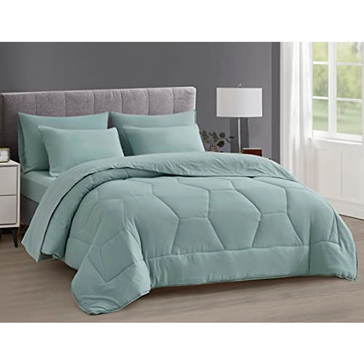 Chezmoi Collection Piper Twin Bed in a Bag 5-Pieces Honeycomb Geometric Hexagon Quilted Soft Washed Double Brushed Microfiber Comforter with Sheets Lightweight All Season Bedding Set (Twin, Aqua)