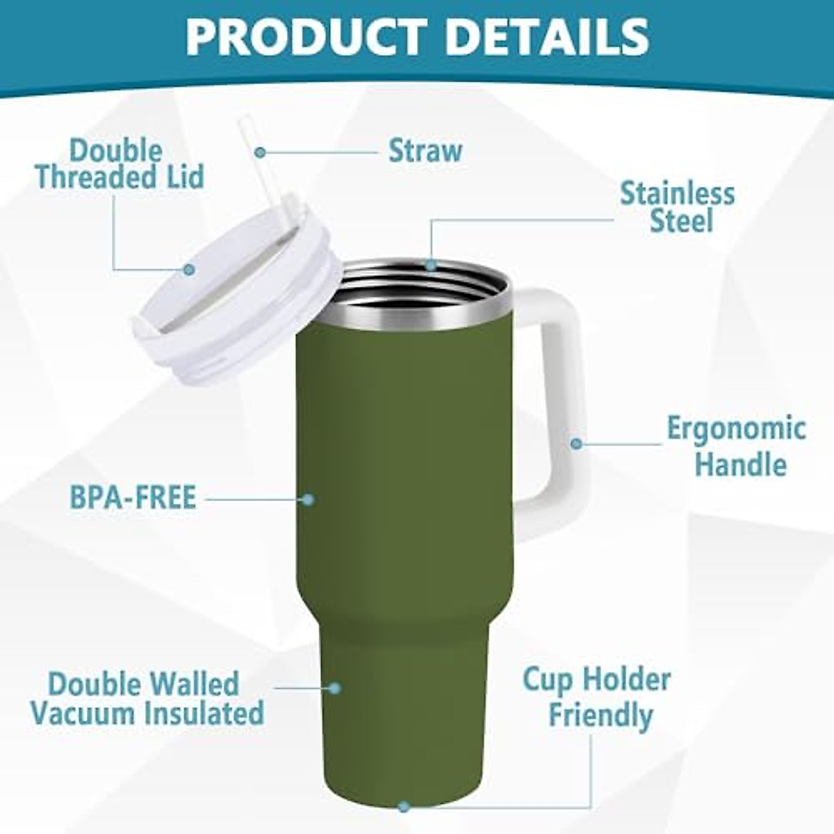 MCHIVER Dark Green Tumbler with Lid and Straw 40 oz Insulated Water Bottle Leakproof Water Tumblers for Iced Water Coffee Smoothie