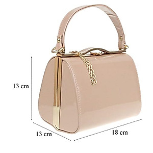 Girly HandBags Glossy Patent Faux Leather Clutch Bag Handle Closure Evening Handbag Nude