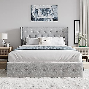 SHA CERLIN Full Size Lift Up Storage Bed/Button Tufted Wingback Headboard/Hydraulic Storage/Upholstered Platform Bed Frame/No Box Spring Needed/Wood Slats Support/Light Grey