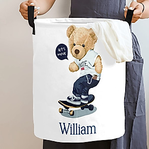 Grandkli Bear Personalized Freestanding Laundry Hamper, Custom Waterproof Collapsible Drawstring Basket Storage Bins with Handle 50cm x 36cm