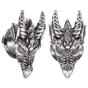 POBAISITER 1 Pair Stainless Steel Dragon Head Ear Gauges Tunnels Jewelry For Man For Woman Body Piercing Jewelry 2g-1/2 Inch Ear Stretcher Plugs