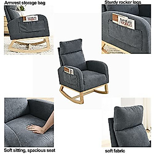 Modern Accent High Back Living Room Lounge Arm Rocking Chair, Upholstered Glider Rocking Chair For Baby And Kids, Comfortable Armchair With Side Pockets For Baby Room/Living Room/Bedroom (Black)