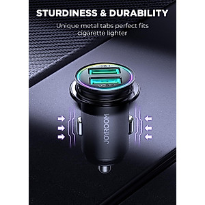 Car Charger，JOYROOM 4.8A Car Phone Charger All Metal, Mini Cigarette Lighter USB Charger with Type C Coiled Cable for iPhone 15 Pro, Dual USB Car Charger Adapter Fast Charge for iPhone/Samsung/Android