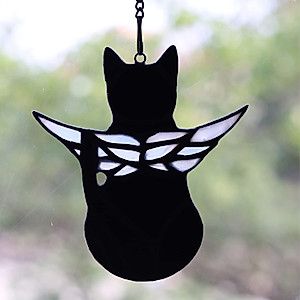 BOXCASA Handmade Black Cat Memorial Gifts - Stained Glass Pet Sympathy Gift with Angel Wings, Window Hanging Memorial Decor for Cat Lovers (Loss of Pet, Rainbow Bridge)