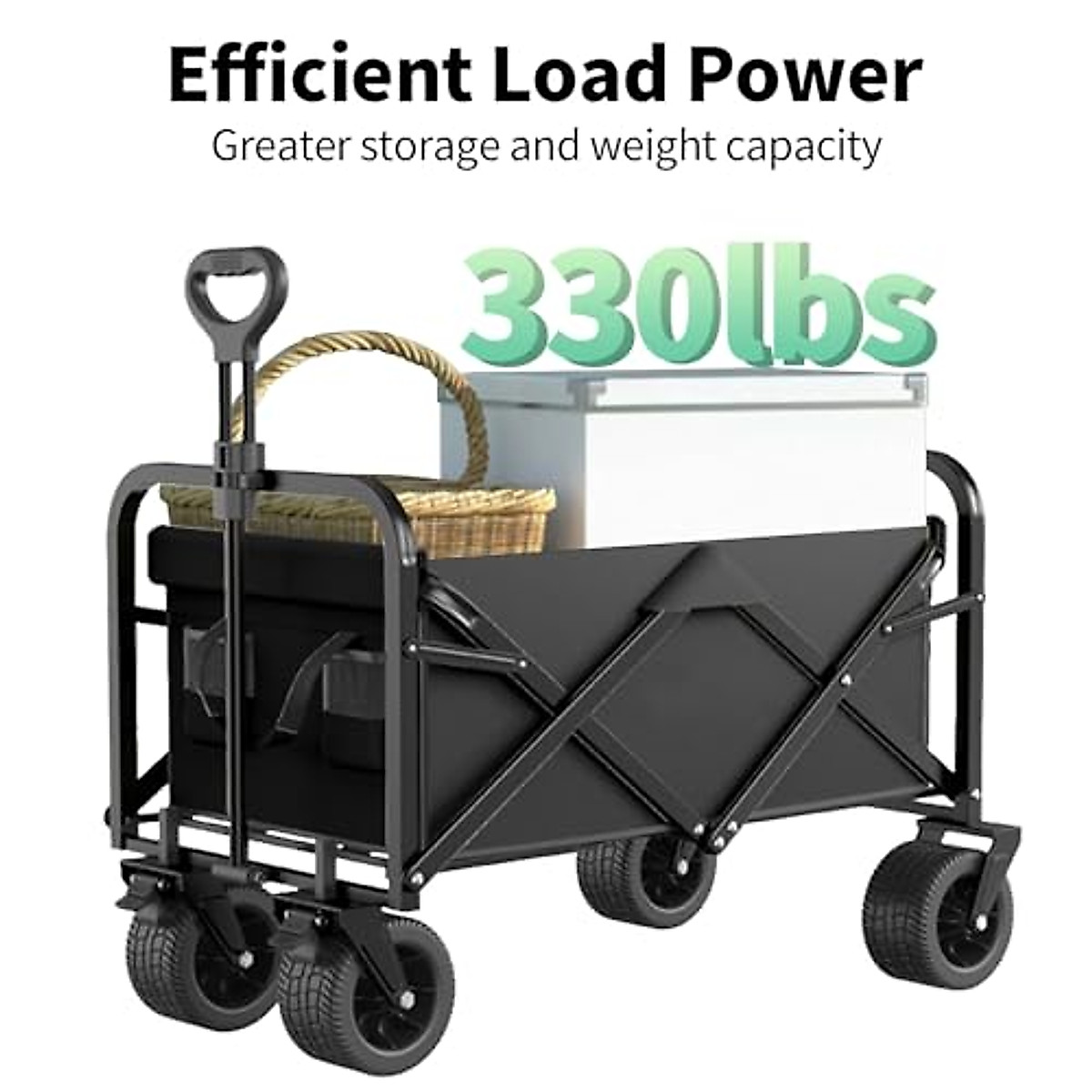 QivvMivo Collapsible Folding Wagon Load 330 Lbs, Heavy Duty Utility Beach Wagon Cart for Sand with Big Wheels, Adjustable Handle&Drink Holders for Garden Outdoor Camping Beach Sports, Grocery (Black)