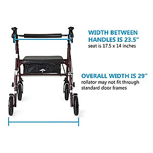Medline Heavy Duty Rollator Walker with Seat, Bariatric Rolling Walker Supports up to 500 lbs, Large 8-inch Wheels, Burgundy