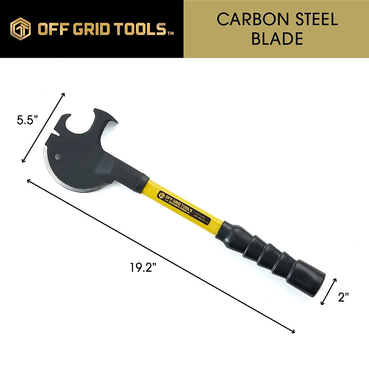 Off Grid Tools Pro Trucker’s Friend – Yellow, Carbon Steel Blade, Shock Absorbing Grip, All-Purpose Multitool, Made in USA, Curved Axe Head, Hammer, Pry Bar, Nail Puller