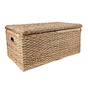 Wholestory Collective Handwoven Wicker 35" Banana Leaf Rattan Storage Trunk and Chest Seagrass XL Organizers with Lid, Natural Color with Handles