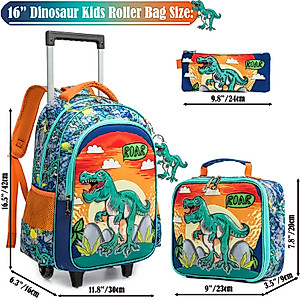 Egchescebo School Bags Kids Rolling Dinosaur Backpack for Boys Luggage Suitcase With Wheels Trolley Wheeled Backpacks Travel Bags 3PCS Boys Backpack With Lunch Green