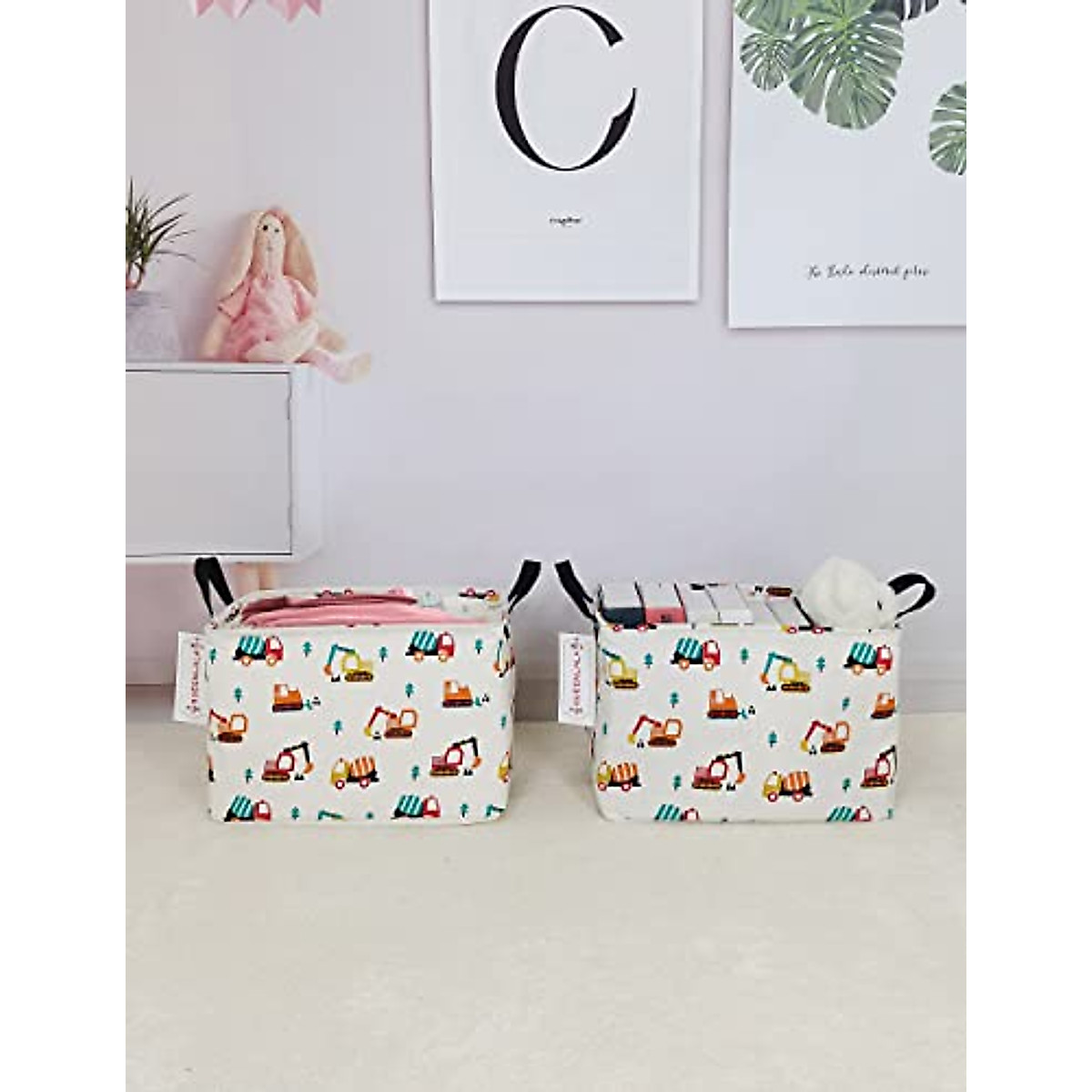 QUEENLALA 2 Pack Rectangular Large Storage Basket,Laundry Hamper,Office,HomeDecor,Canvas Fabric Laundry Basket（2Pack-Rec-Excavator）