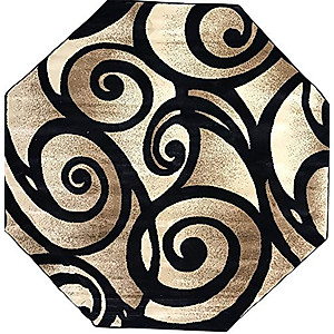 Bellagio Modern Octagon Contemporary Area Rug Black Swirl Design 341 (4 Feet X 4 Feet )