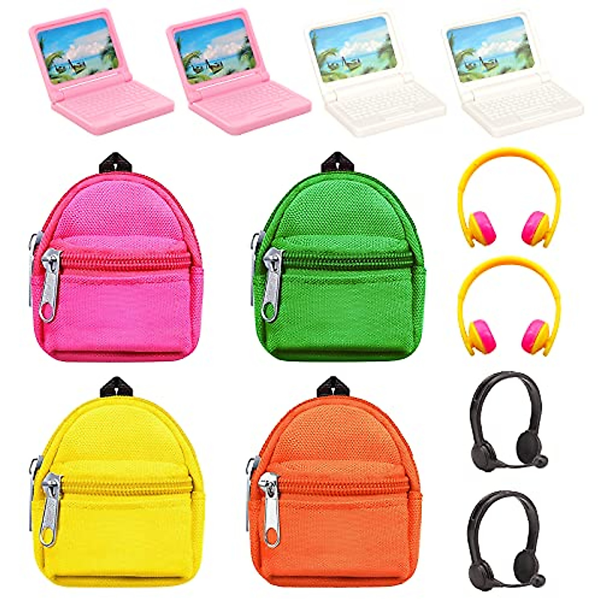 Joyfun 31 Pcs 11.5 inch Doll School Accessories 4 Doll Backpack Bag with Zipper with 4 Computers 7 Pcs Study Accessories 8 Pcs Stationery Sets 4 headsets for 11.5 inch Doll