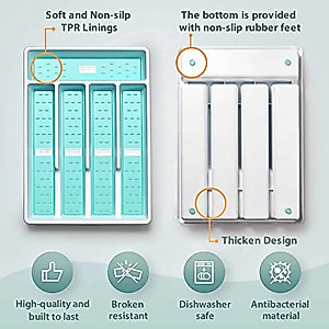 Joequality Silverware Organizer with Icons，Plastic Cutlery silverware Tray for Drawer，Utensil Flatware Tableware Organizer for Kitchen with Non-slip TPR,Fits Standard Drawer,5-Compartment，Mint