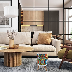 LOPYEIJFG Mexican Talavera Ceramic Tile Ethnic Folk Ornament Italian Pottery Trash Can with Lid Kitchen Bathroom Bedroom 1.8 Gallon Press Cover Wastebasket Office Wood Small Garbage Bin Waste Bin