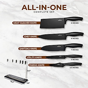 CUOCO Black Knife Set with Block 5 Pieces, Modern Knife Set with Cleaver, Santoku Knife, and Chef Knife, All Black Knife Set with Extreme Sturdiness and Superior Longevity