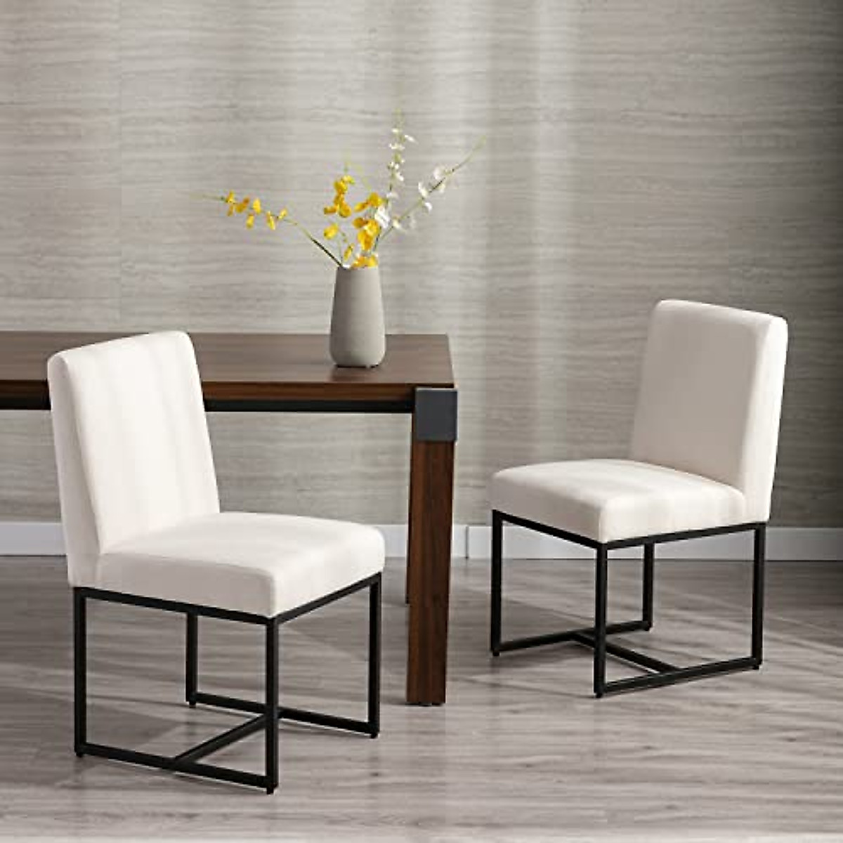 Set of 4 Linen Upholstered Dining Room Chair, Mid Century Modern Fabric Chair for Dining Room, with Black Metal Frame, Cream