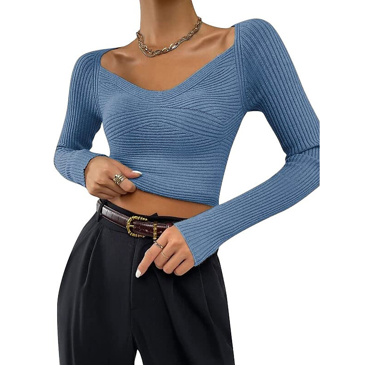 Women V Neck Sexy Crop Sweater Pullover Long Sleeve Ribbed Knit Fitted Slim Casual Tops Blue