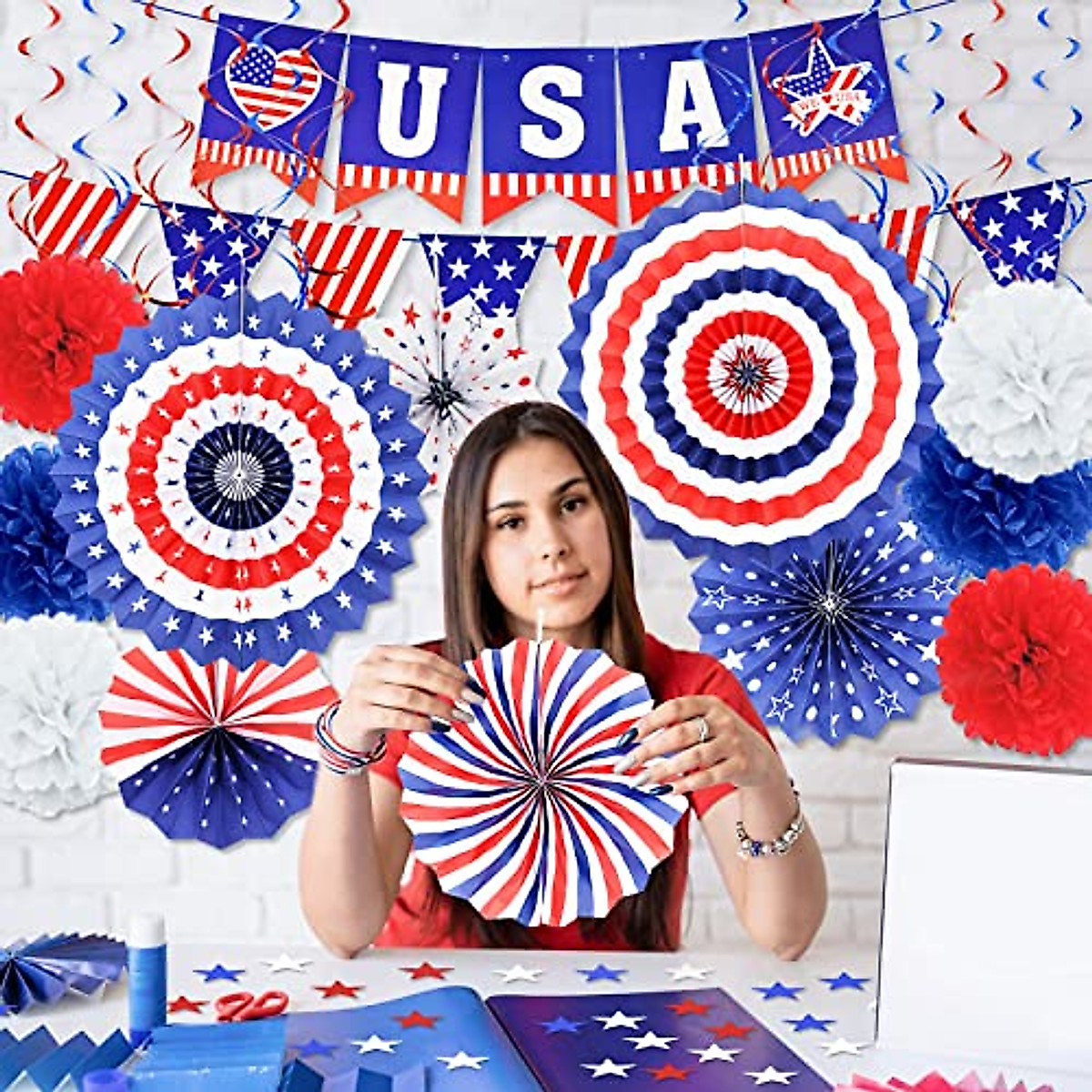 27 Pieces 4th of July Decorations Set, Red White Blue American Flag Hanging Honeycomb Paper Fans, Pom Poms, Swirls, Love USA Banner, Star Garland Patriotic Independence Day Outdoor Party Supplies