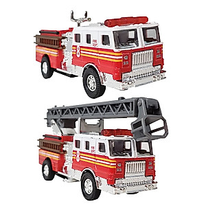 ArtCreativity 5.5 Inch Toy Fire Trucks - Set of 2 - Pull Back Firetruck Toy Cars for Boys and Girls - Includes Metal Ladder Truck and Fire Engine - Best Birthday Gift for Kids, Toddlers