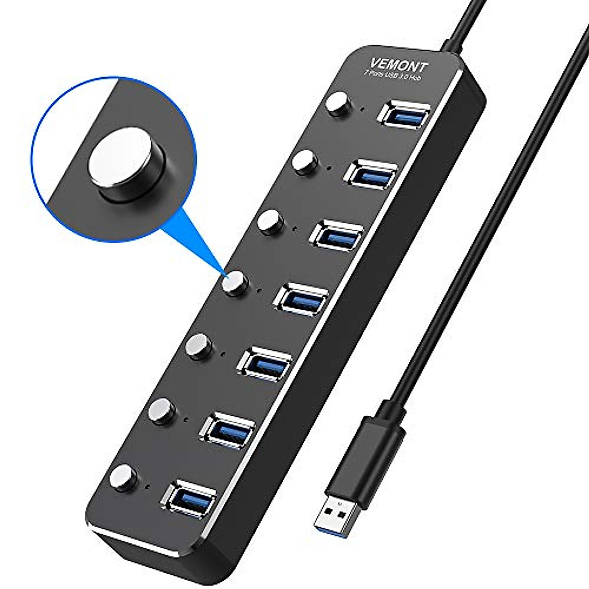 VEMONT USB hub Aluminum USB 3.0 Data Hub with Individual On/Off Switches and LED Lights for Laptop, PC, Computer (4ft/120cm) (7port)