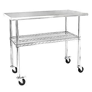 ROCKPOINT Stainless Steel Table for Prep & Work with Caster 49x24 Inches, NSF Metal Commercial Kitchen Table with Adjustable Wire Under Shelf and Table Foot for Restaurant, Home and Hotel