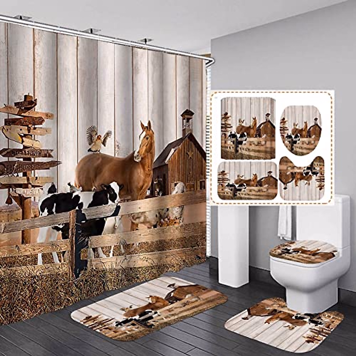 Camille&Andrew 4PCS Horse Shower Curtain Set, Cow Cattle Sheep Hen Farm Animal Brown Barn Western Country Rustic Farmhouse Bathroom Decor Waterproof Fabric Shower Curtain, Non-slip Bath Mat Toilet Rug