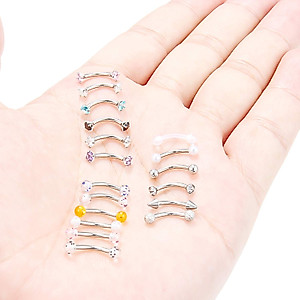 Lcolyoli 18 Pcs 16G Surgical Steel Eyebrow Piercing Rings Colorful Diamond CZ Curved Barbell Rook Daith Piercing Body Jewelry for Women Men Silver-tone 8mm 5/16 inch