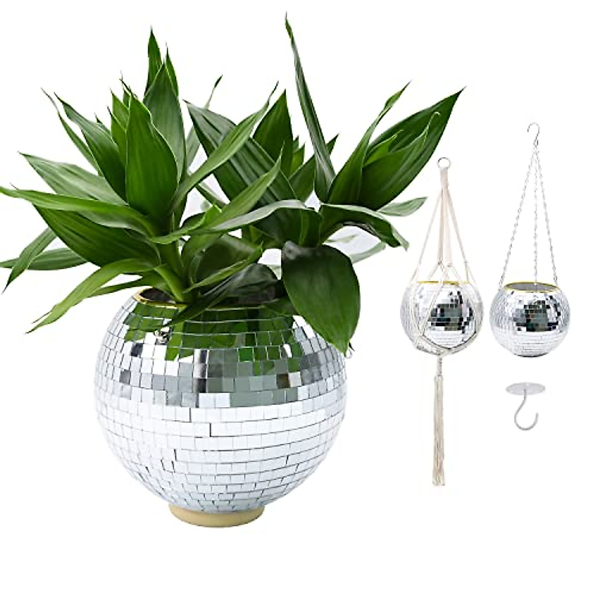 RUBY.Q Disco Ball Planter, 4"/6"/8" Silver/Rose Gold Disco Planter, Disco Ball Plant Hanger with Rope Chain Circle (8", Silver)