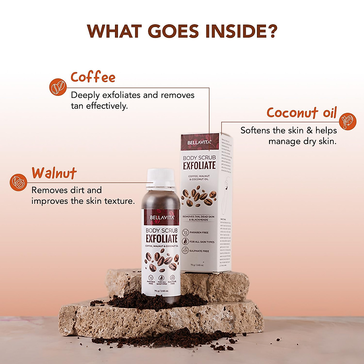 Bella Vita Organic Exfoliate Coffee Scrub For Face & Body, Blackhead Remover, De Tan Removal Ayurveda, Dirt Removal From Neck, Knees, Elbows, Arms 75 g