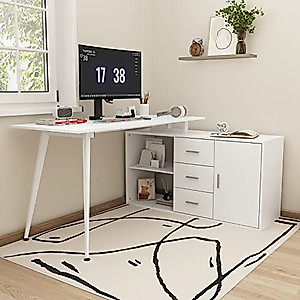 Homsee Home Office Computer Desk L-Shaped Corner Desk with 3 Drawers, 2-Tier Open Shelves & 1 Door, 55 Inch Wooden Study Writing Table with Storage Cabinet & Metal Legs, White