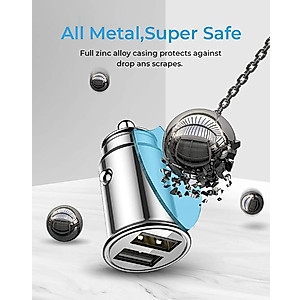 AINOPE Car Charger Adapter【Smallest Metal】 4.8A Cigarette Lighter USB Car Charger Adapter Dual Port 12V USB Outlet Flush Fit for iPhone 16 Pro Max/15/14 iPad Air Samsung Galaxy S25 S24 Ultra,Sliver