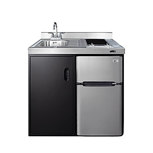 Summit Appliance C39ELGLASSBK 39" Wide All-in-One Kitchenette in Black with a 2-Burner 115V Smooth-Top Cooktop, 2-Door Refrigerator-Freezer, Sink, and Large Storage Cabinet