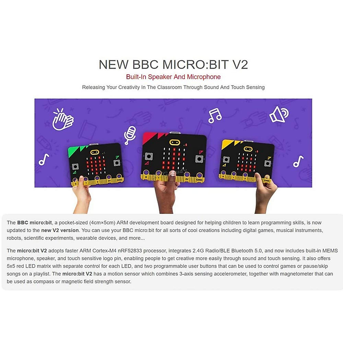 for Micro:bit V2 Go Kit Pocket-Sized BBC Built-in Speaker and Microphone Upgraded Processor ARM Cortex-M4 2.4G Radio/BLE Bluetooth 5.0 Touch Sensitive Logo @XYGStudy