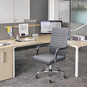 KaiMeng Ribbed Office Desk Mid Back Computer Chair Height Adjustable Conference Executive Task Swivel PU Leather (Grey)