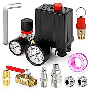 MEANLIN MEASURE Air Compressor Pressure Switch Control Valve 90-120 PSI 110V-240V 4-way Replacement Parts With 0-180 Psi Air Compressor Regulator and Safety Pressure Relief Valve
