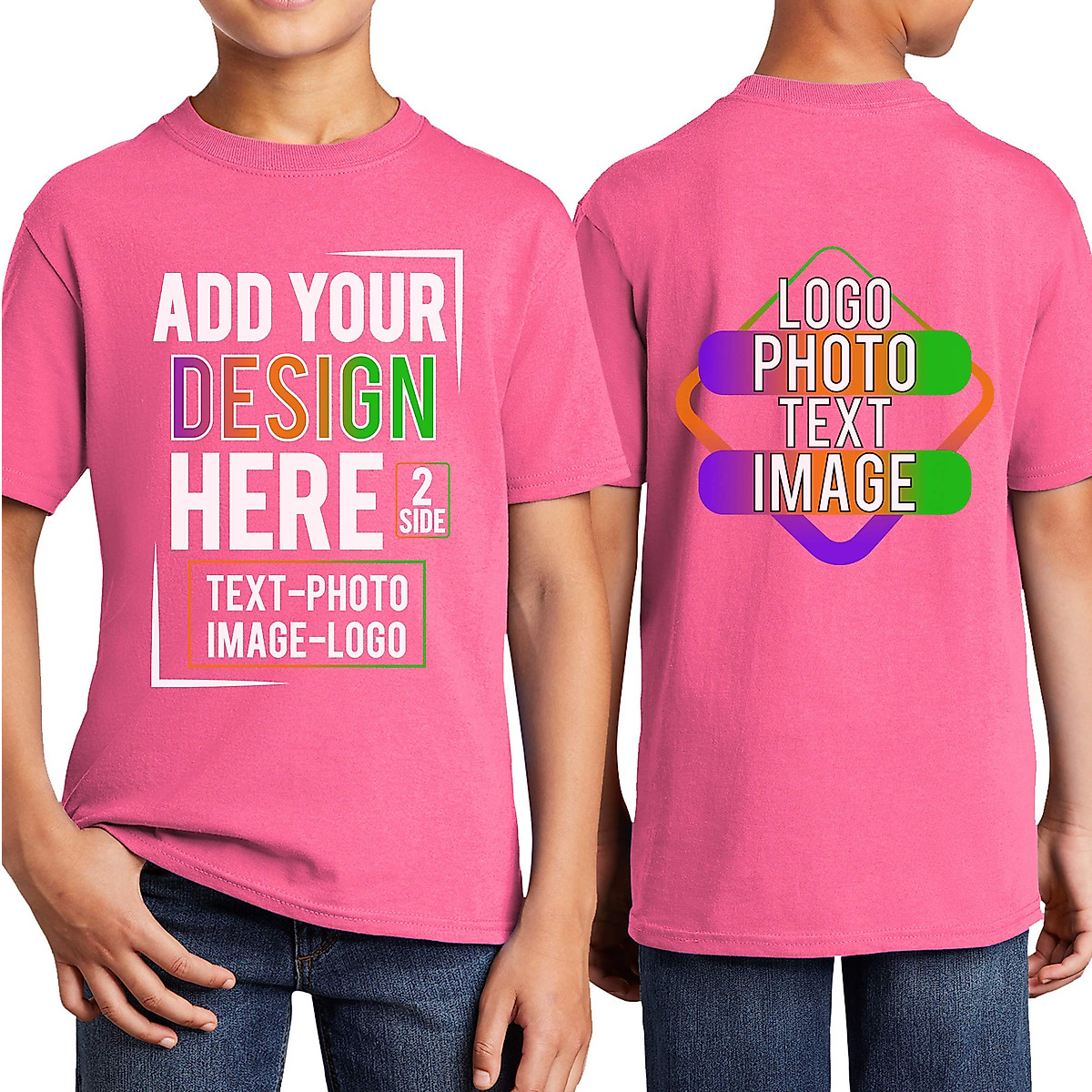 Custom T Shirt Youth Girl Boy Add Your Text Image Photo 2 Sided Personalized Kids T Shirt Neon Pink