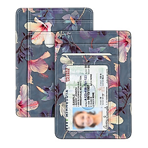Fintie Slim Minimalist Front Pocket Wallet, RFID Blocking Credit Card Holder Card Cases with ID Window for Men Women (Blooming Hibiscus)