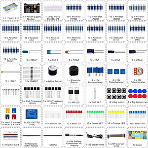 Keywishbot Electronics Basic Component Starter Kit w/Breadboard,Jumper Wires,Color Led,Resistors,Capacitor,Buzzer for Arduino Development Board R3 Mega2560 Mega328 Nano