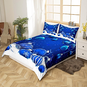 Christmas Bedding Set,Blue Christmas Snowflake Duvet Cover for Kids Teens Boys Girls,Xmas Theme Comforter Cover Decorative Room,Winter Snowflake Quilt Cover with 2 Pillowcases,King Size