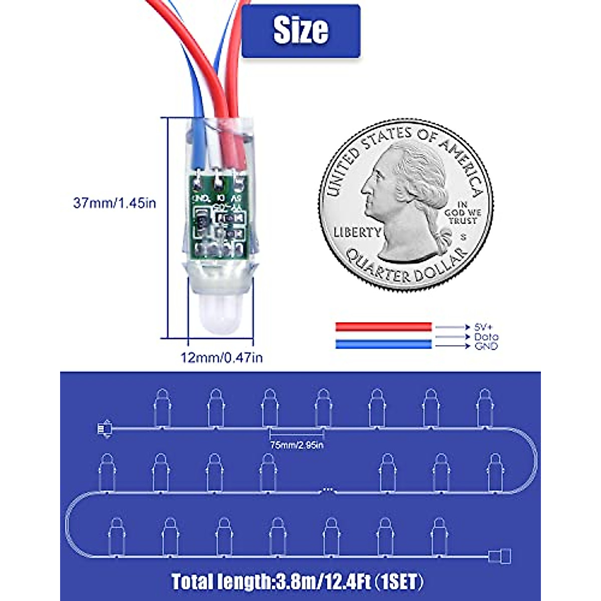 GMJYC DC 5V 50pcs WS2811 Pixels Christmas Lights Outdoor Individually Addressable IP68 Waterproof LED String Lights Diffused Digital RGB LED Lights Full Color 12mm, for Garden/Party/Advertising Signs